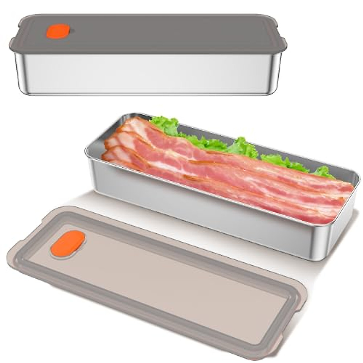 2Pcs Deli Meat Container for Fridge, Stainless Steel Bacon Storage Container for Refrigerator, Airtight Lunch Meat Storage Container with Lid, Cheese Keeper Box, Deli Holder Organizer (2 Black)