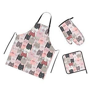 Oplp Funny Pink Cute Cats 3 Piece Kitchen Set Waterproof Apron with Oven Mitt and Pot Holder Cooking Adjustable Apron Microwave Glove Potholder