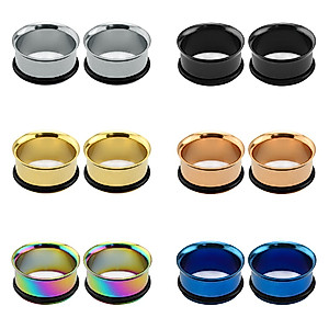 ZS 6 Pairs Surgical Stainless Steel Single Flare Tunnels Flesh Plugs Expander Ear Gauges with Silicone O-Rings (Gauge=00g(10mm))