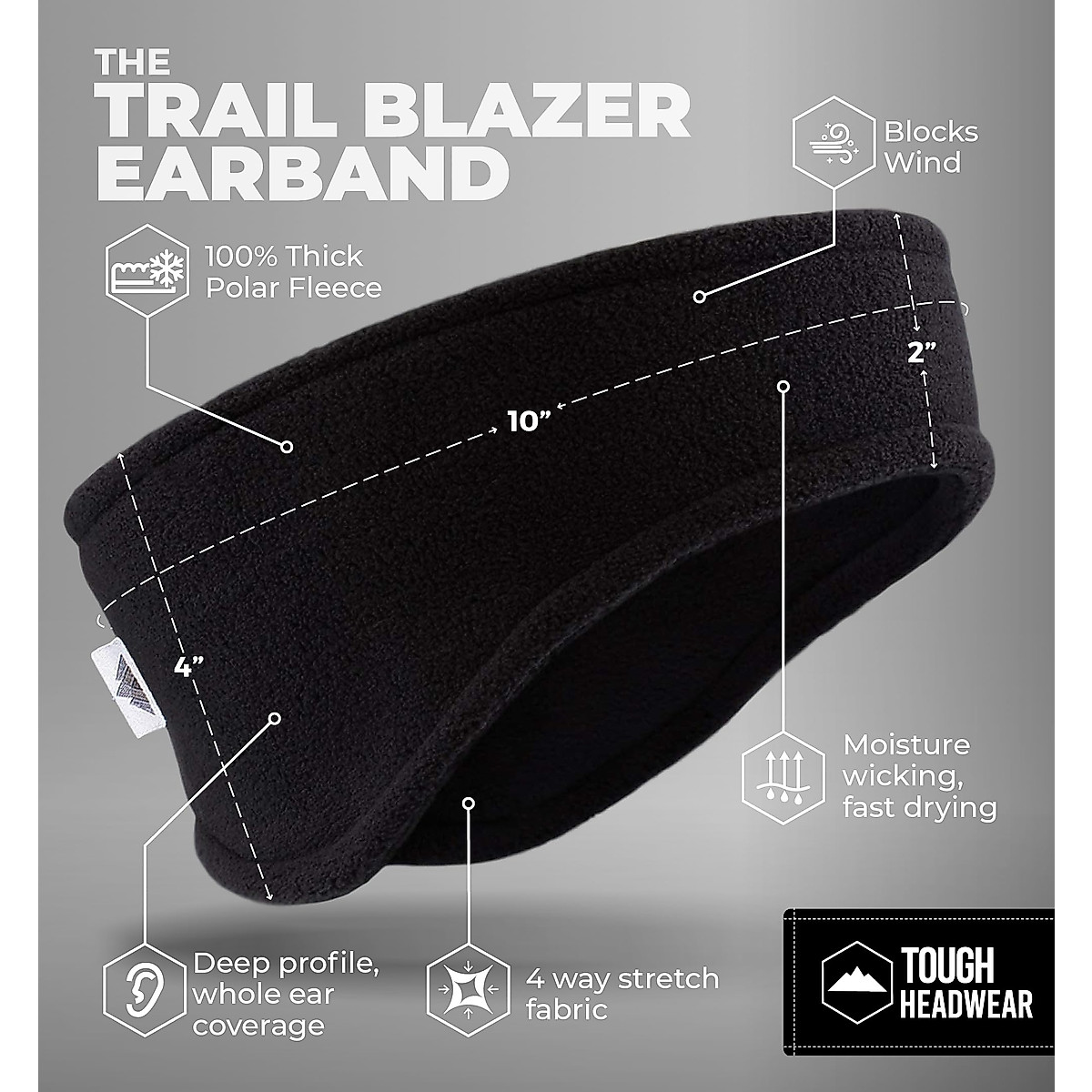 Tough Headwear Fleece Ear Warmer Headband For Women & Men, Winter Headband, Running Ear Muffs, Ear Covers for Cold Weather