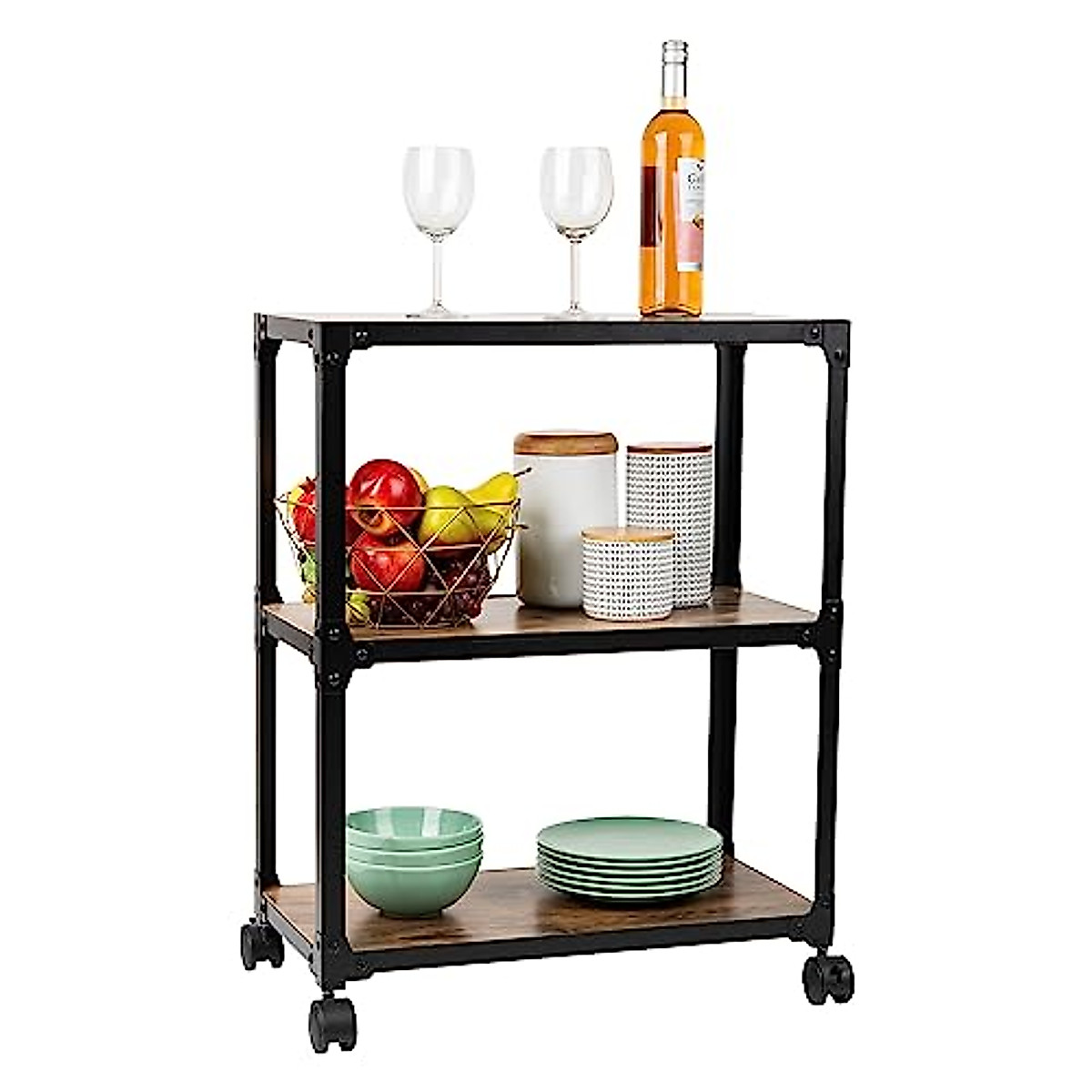 MIND READER Rolling Bar Cart [3 Tier] Kitchen Microwave Cart Island On Wheels, Coffee Station (Wood/Metal, Black/Brown)