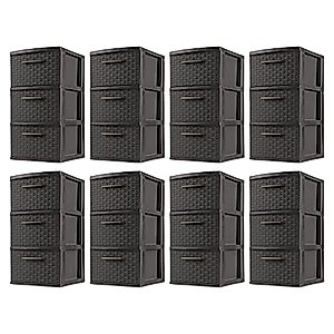 Sterilite 3 Drawer Wicker Weave Decorative Storage Organization Container Cabinet Tower with Driftwood Handles, Espresso (8 Pack)