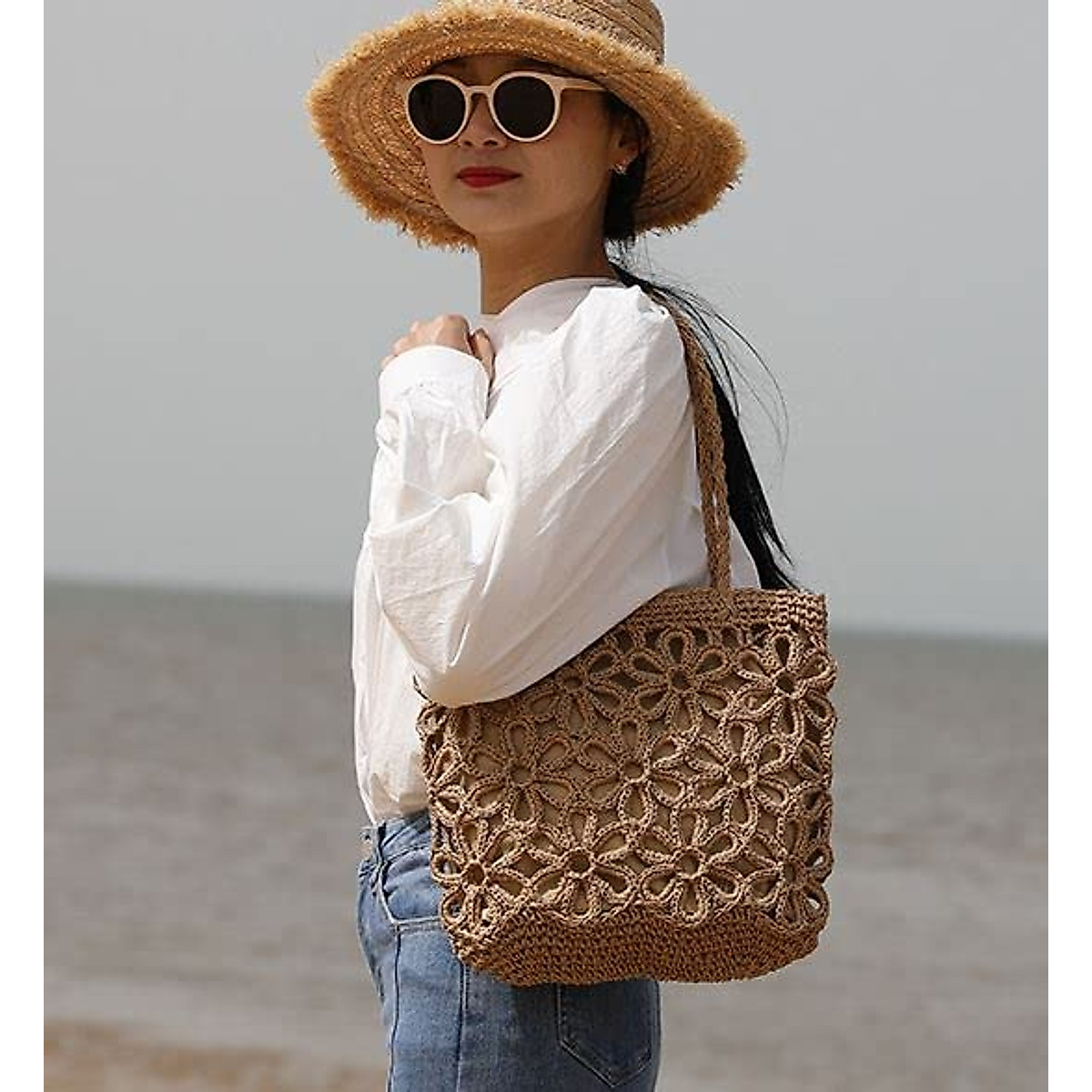Womens Top Handle Straw Beach Tote Bags Floral Shoulder Bag Beach Bag Large Size Satchel Purses Woven Shoulder Bag