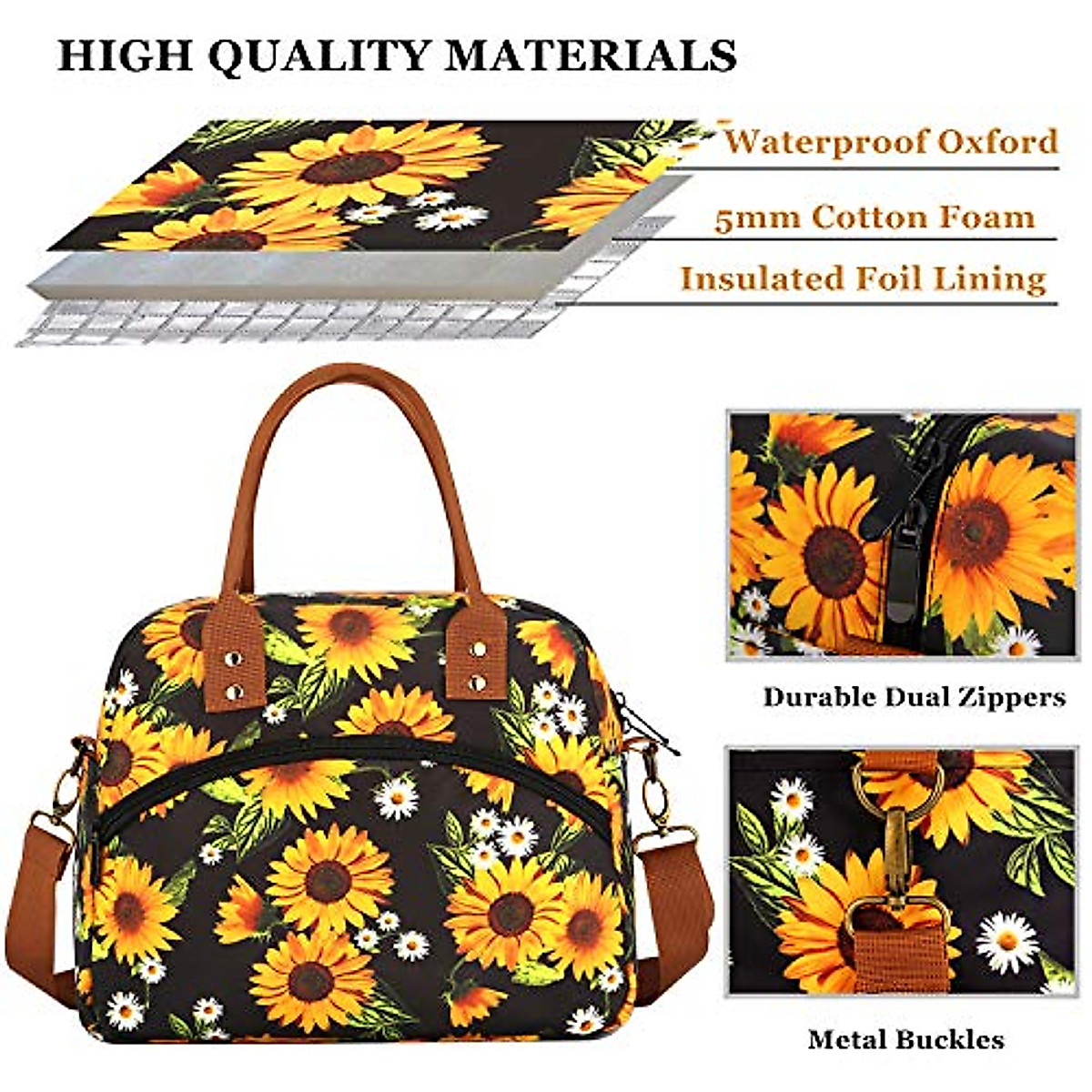 Insulated Lunch Bag Reusable Lunch Box Lunch Tote Bag Cooler Bag with Adjustable Shoulder Strap Food Storage Container Meal Prep Organizer for Women Men Adult Work Picnic - Sunflowers