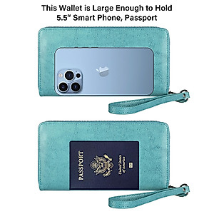 Lavemi Women's 100% Leather Double Zipper Large Capacity RFID Blocking Phone Holder Clutch Travel Purse with Wristlet Strap(Double Zipper Light Green)