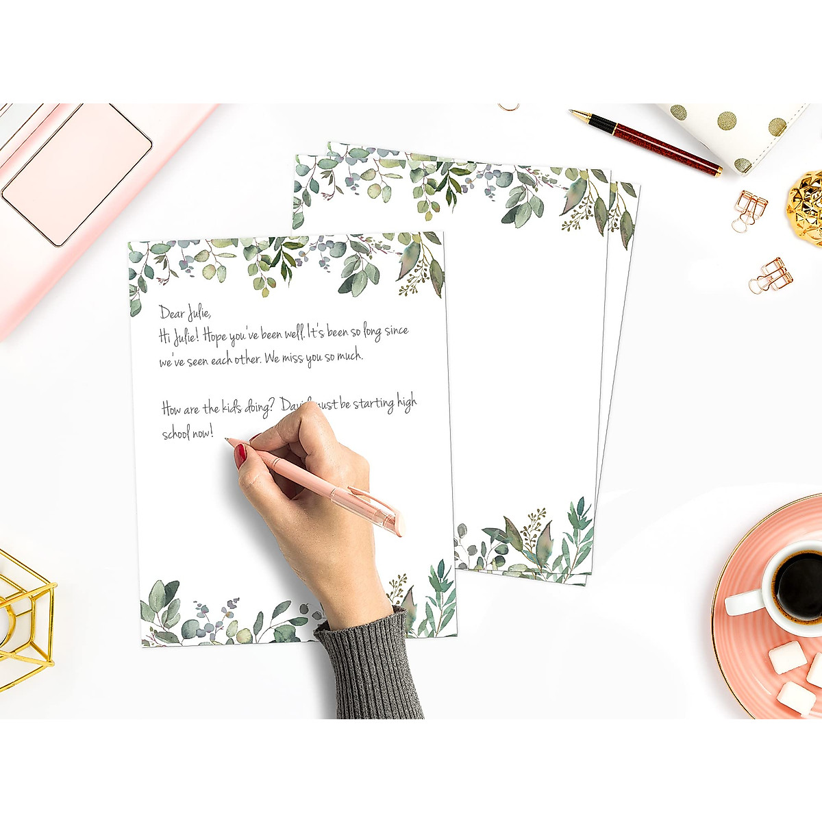 Leaf Border Stationery Writing Paper 100 Sheets, Greenery Letterhead Paper 8.5 x 11 Inches, Elegant Writing Paper, Pretty Stationary Paper, Decorative Printer Paper