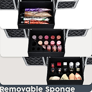 Hododou Rolling Makeup Case Cosmetic Travel Trolley Storage Sliding Drawer 4 Tray Makeup Travel Case with Wheels Salon Barber Case Traveling Cart Trunk for Cosmetologist Nail Tech Hairstylist Black