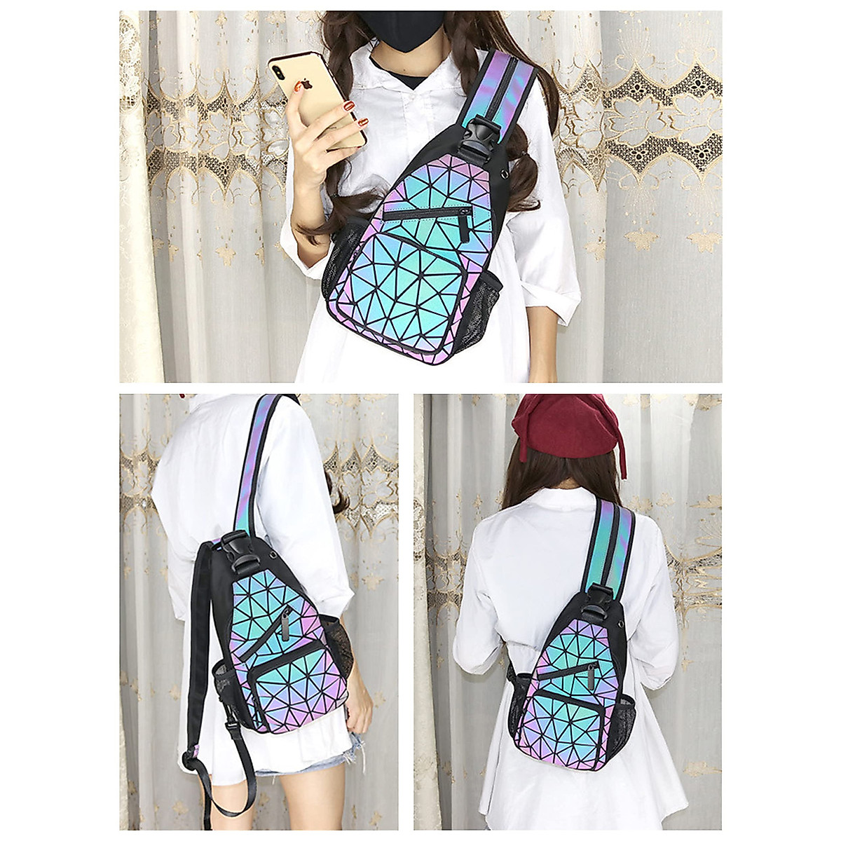 Luminous Geometric Backpacks Women Purses and Handbags Holographic Reflective Bags Iridescent Backpack D