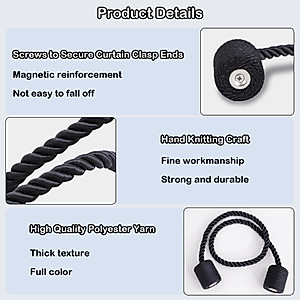 YSTDHL 4 Pack Magnetic Curtain Tiebacks, Minimalist Curtain Holders, Weave Rope Curtain Tie Backs, Modern Elegant Decorative Drapes Accessories (Black)