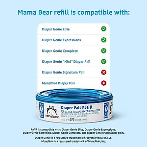 Amazon Brand - Mama Bear Diaper Pail Refills for Genie Pails, Unscented, 270 Count (Pack of 1)