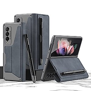 EAXER Compatible with Samsung Galaxy Z Fold 4 5G Case, Leather Wallet Card Case S Pen Holder Cover Luxury Leather Card Holder Kickstand Case Cover (Gray)