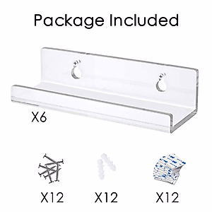 Clear Vinyl Record Shelf Wall Mount, 6 Pack 4 Inch Vinyl Record Storage Shelf, LP Records Vinyl Albums Holders Display Shelf, Floating Wall Shelves for Vinyl Record Photo Book Magazines Living Room