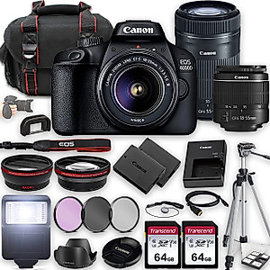 Canon EOS 4000D (Rebel T100) DSLR Camera w EF-S 18-55mm f/3.5-5.6 III Lens + EF-S 55-250mm f/4-5.6 is STM Lens + 2X 64GB Memory + Case + Filters + Tripod + More (35pc Bundle) (Renewed)