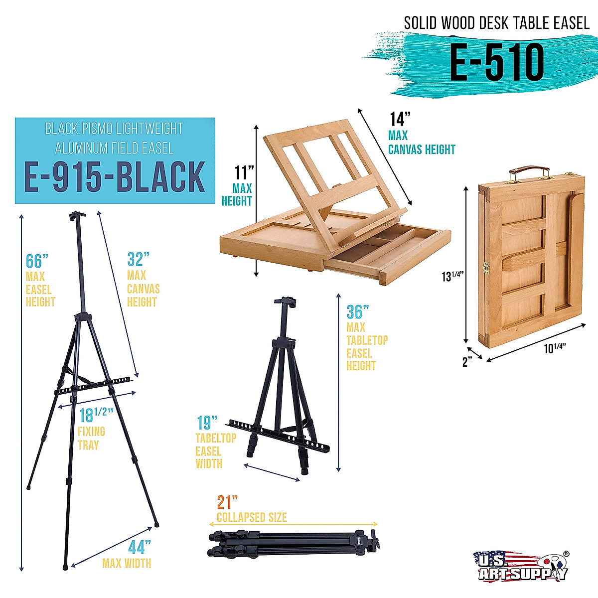 U.S. Art Supply 72-Piece Artist Acrylic Painting Set with Aluminum Field Easel, Wood Table Easel, 24 Acrylic Paint Colors, 34 Brushes, 2 Stretched Canvases, 6 Canvas Panels, Painting Pad, 2 Palettes