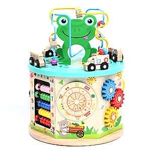 LAVIEVERT Activity Center Play Cube 10-in-1 Bead Maze Shape Sorter Multipurpose Educational Toy Wooden Learning Game for Toddlers & Kids