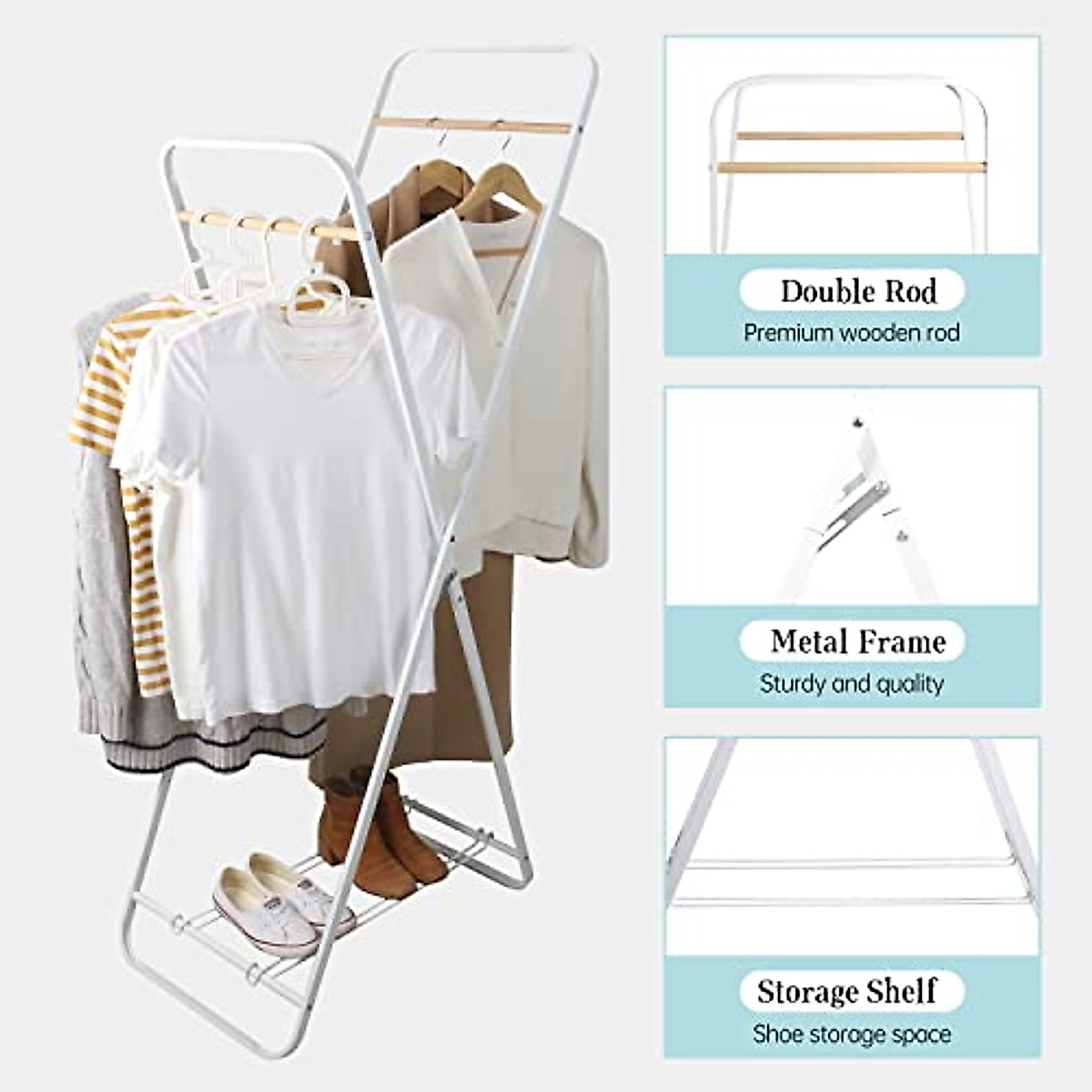 ZOES HOMEWARE Modern Foldable Garment Rack Heavy Duty Collapsible Clothing Rack for Hanging Clothes,Portable Steel Standing Clothes Rack with Shelves for Clothes,Space Saving-White