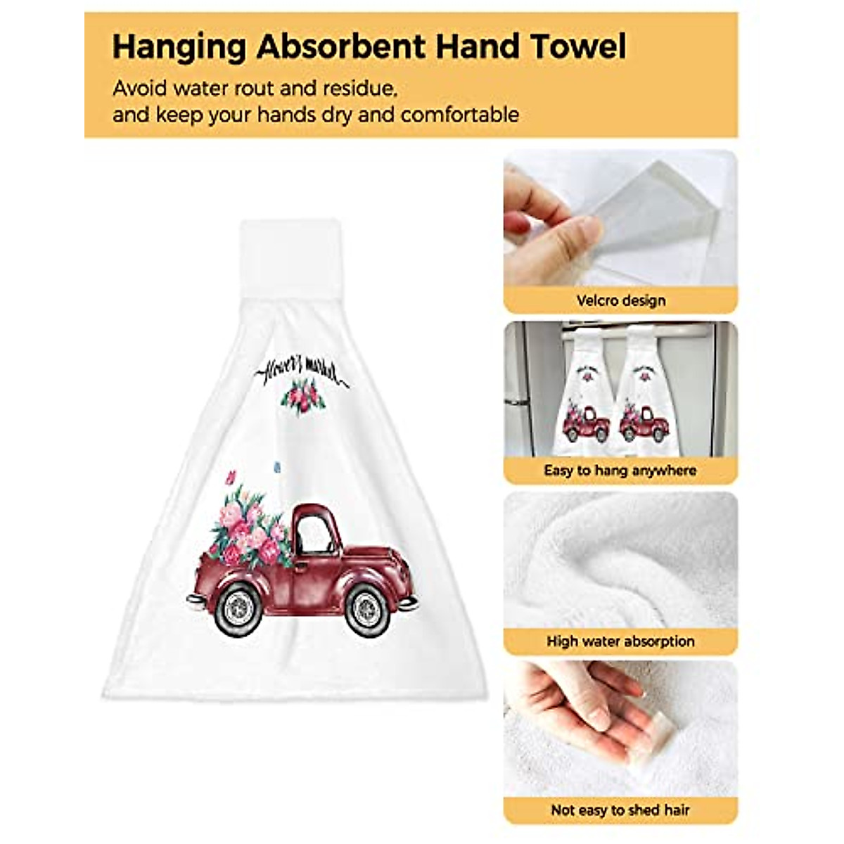 Hanging Hand Towels Kitchen Towel Spring Red Car with Flowers and Green Leaves Bathroom Hand Towels with Loop Tie Towels Soft,Absorbent Tea Bar Towels,2pcs