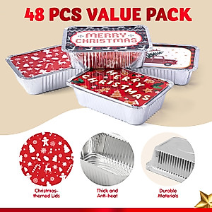 JOYIN 48 Pieces Christmas Foil Containers with Lids, 8 Holiday Designs, 7"x5"x2" Rectangular Treat Foil Containers, Disposable Food Storage Pan for Holiday Leftovers Goodie Container