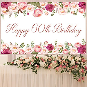 Vlipoeasn Elegant White Happy 60th Birthday Decorations for Women Rose Gold Flower Peony Photography Backdrop for 60th Birthday Party Surprise for Mother Cheers to 60 Years Old Birthday Party Supplies