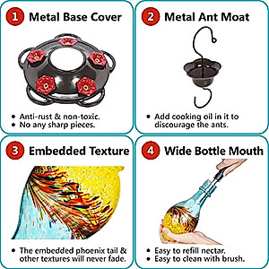 LUJII Hand Blown Glass Hummingbird Feeder for Outdoors with Ant Moat, Leak Proof & Rustproof , 25oz, Metal Base Cover with 5 Feeding Ports & Perches, Glass Art for Garden Decor (Blue Mixed Yellow)