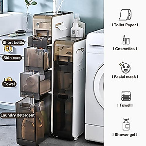 FRGBAKLI 4 Tier Slim Drawer Storage Tower, Narrow Toilet Paper Storage Cabinet Large Capacity with Clear Drawers and Casters Bathroom Floor Cabinet Storage Cart for Bathroom, Laundry Room, Kitchen