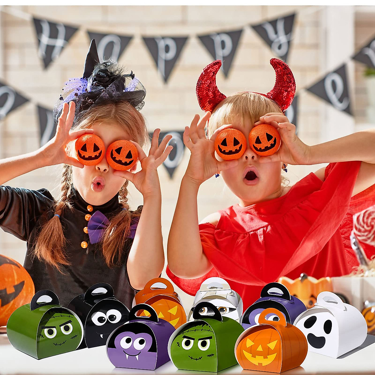 36 Pieces Halloween Trick or Treat Boxes Halloween Goodie Boxes Halloween Candy Boxes with Handle Candy Container Halloween Favor Boxes for Halloween Party Treat Favors Decoration, 6 Patterns