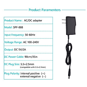 Snsnlent 5V 2A AC DC Adapter with 5.5 x 2.5mm Charger US Plug 5V 2A Power Adapter 5V 2A 1A Switching Power Adapter 5V 2000ma Switching Power Supply Charger DC Connector Jack 5.5mmx2.1mm