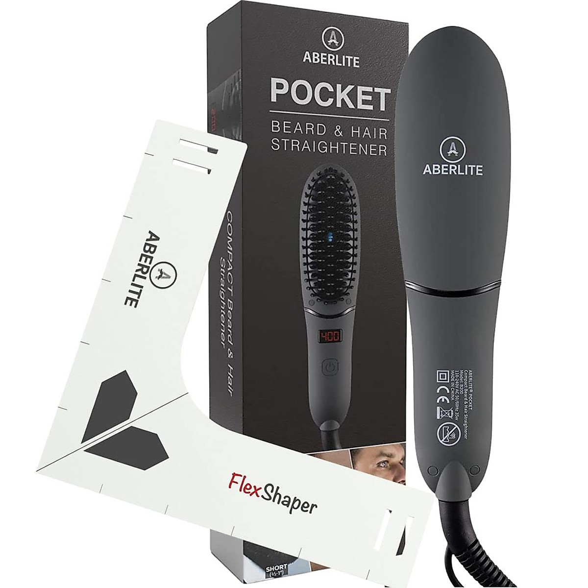 Aberlite Beard Straightener Kit with Beard Shaper, Ceramic Plates, Argan Oil Heat Shield, Rubber Shaper Edges, Flat Brush Attachment, Temperature Control - An Ideal Gift for Men