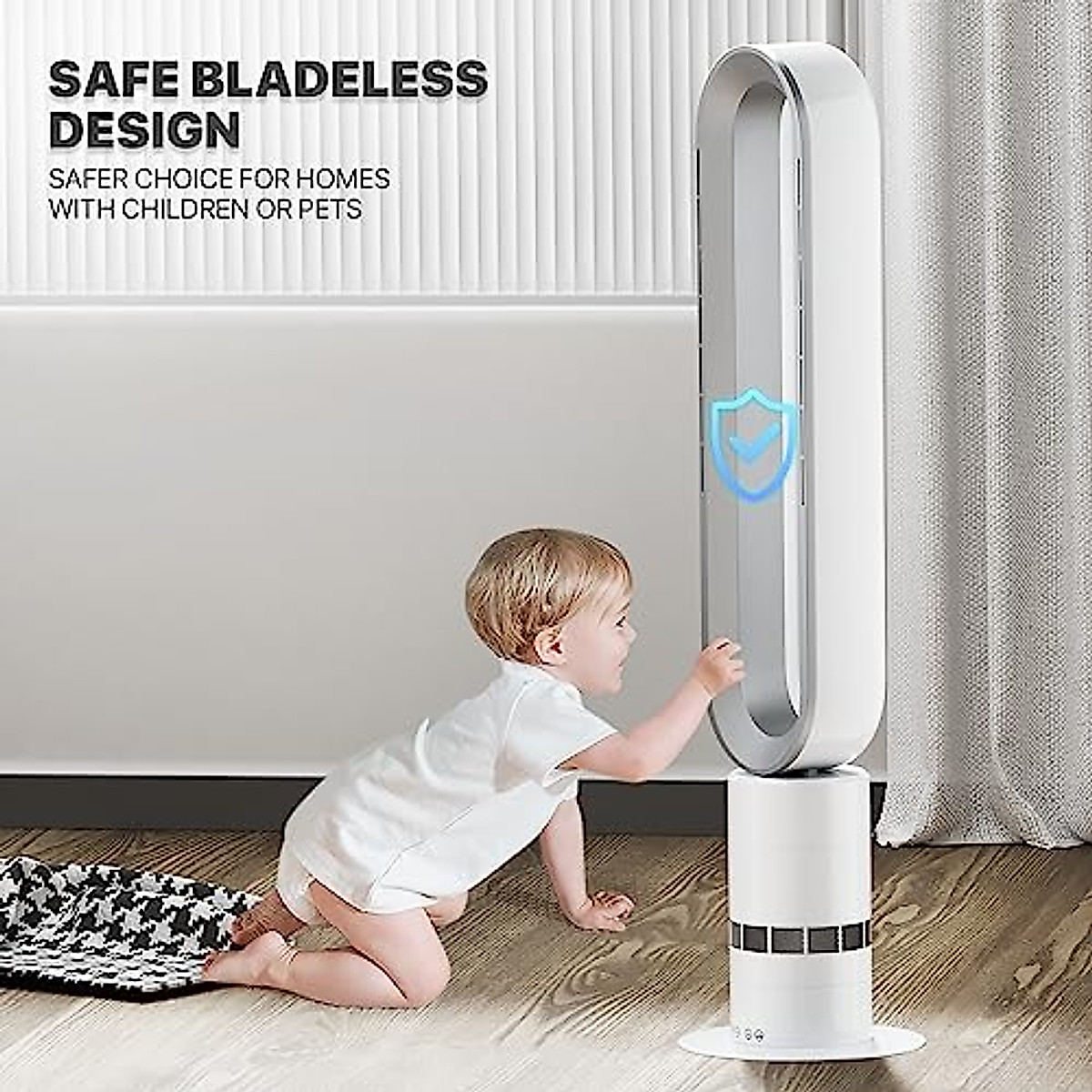 mollie 38-Inch Quiet Oscillating Bladeless Tower Fan Remote Control Bedroom Office Home Room Indoor 9H Timer 10-Speeds Modes Electric Household Summer Cooling Floor Standing Leafless Fan White