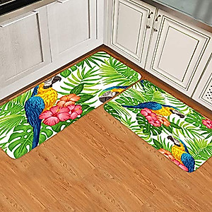 Tropical Plants Kitchen Mats for Floor Cushioned Anti Fatigue 2 Piece Set Kitchen Runner Rugs Non Skid Washable Exotic Monstera Themed Banana Leaves Parrot Jungle 15.7x23.6+15.7x47.2