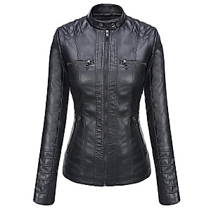 Springrain Women's Faux Leather Jacket Moto Biker Coat with Detachable Hood Motorcycle Jacket (Medium, Black)