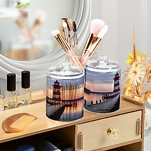 SDMKA 2 Pack Apothecary Jars Bathroom Lighted Lighthouse Qtip Holder Dispenser Clear Plastic Storage Canister Jar with Lid for Cotton Ball, Cotton Swab