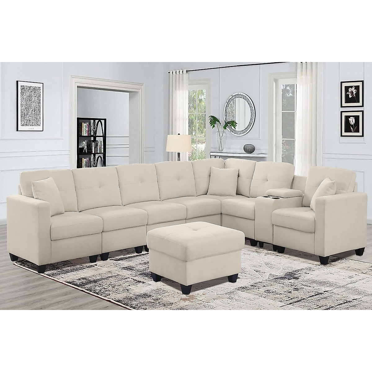 Ball & Cast 127" Convertible Sectional Sofa Couch with Removable Ottoman and Cup Holder,6 Seat Modular Living Room Furniture Sets with 2 Pillows & USB Port,for Lounge,Apartment,Beige
