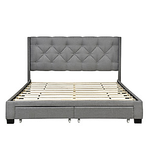 ALYSAHOME Upholstered Queen Size Platform Bed with Storage for Kids,Adults Bedroom,Linen Fabric Bedframe w/Two Drawers & Tufted Nailed Headboard,Space Saving Design & No Box Spring Needed, Gray