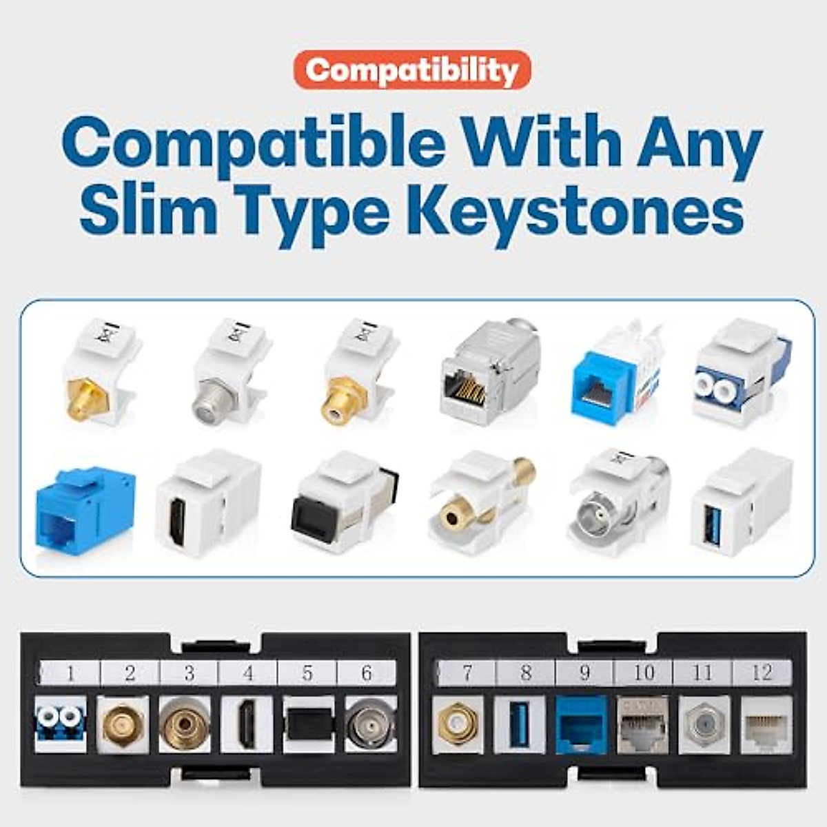 Everest Media Solutions Bundle – 2 Items: 24-Port Keystone Patch Panel + 50 Pack of RJ45 CAT6A Keystone Jacks - Blue
