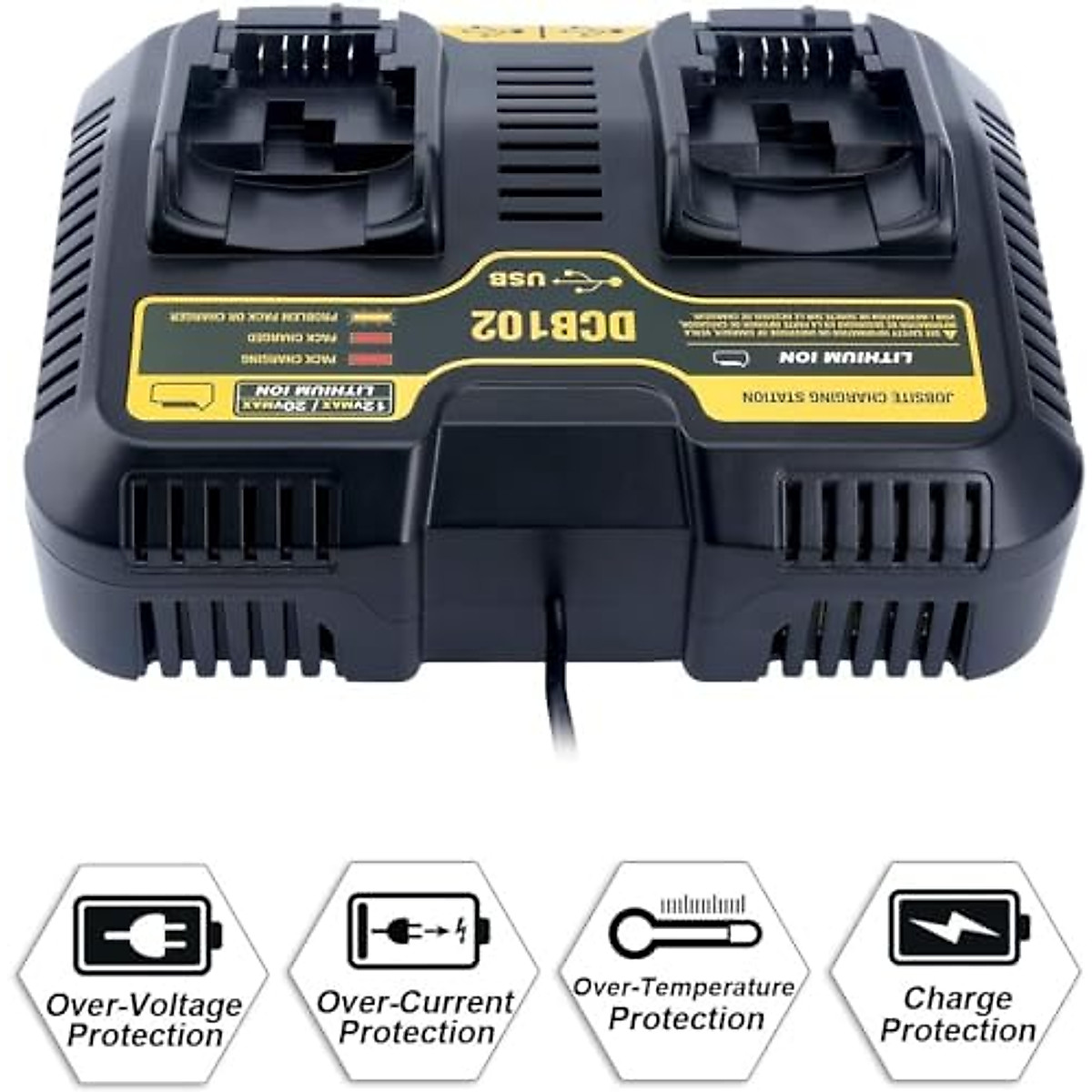 DCB102BP 2-Ports Battery Charger Replace for 12V/20V MAX Jobsite Charging Station DCB102 DCB101 DCB105 DCB112 DCB107 Lithium Battery DCB203 DCB204 DCB206 DCB606 Power Tools