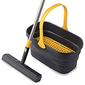 Yocada Mop and Bucket with Wringer Set Sponge Mop and Collapsible Bucket Kit for Home Commercial Tile Floor Bathroom Garage Cleaning with Total 2 Sponge Heads Easily Dry Wringing
