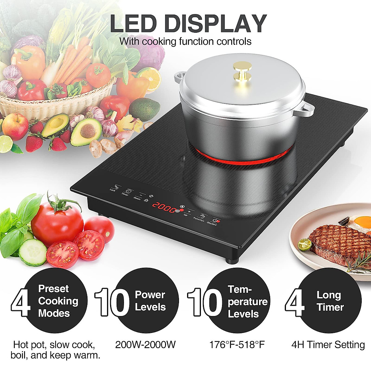 Electric Cooktop 110V, Portable Electric Stove Top 2000W Plug in, Single Burner Electric Cooktop 12 inch, 9 Power Levels, Kids Lock &Timer,Built in Electric Hot Plate