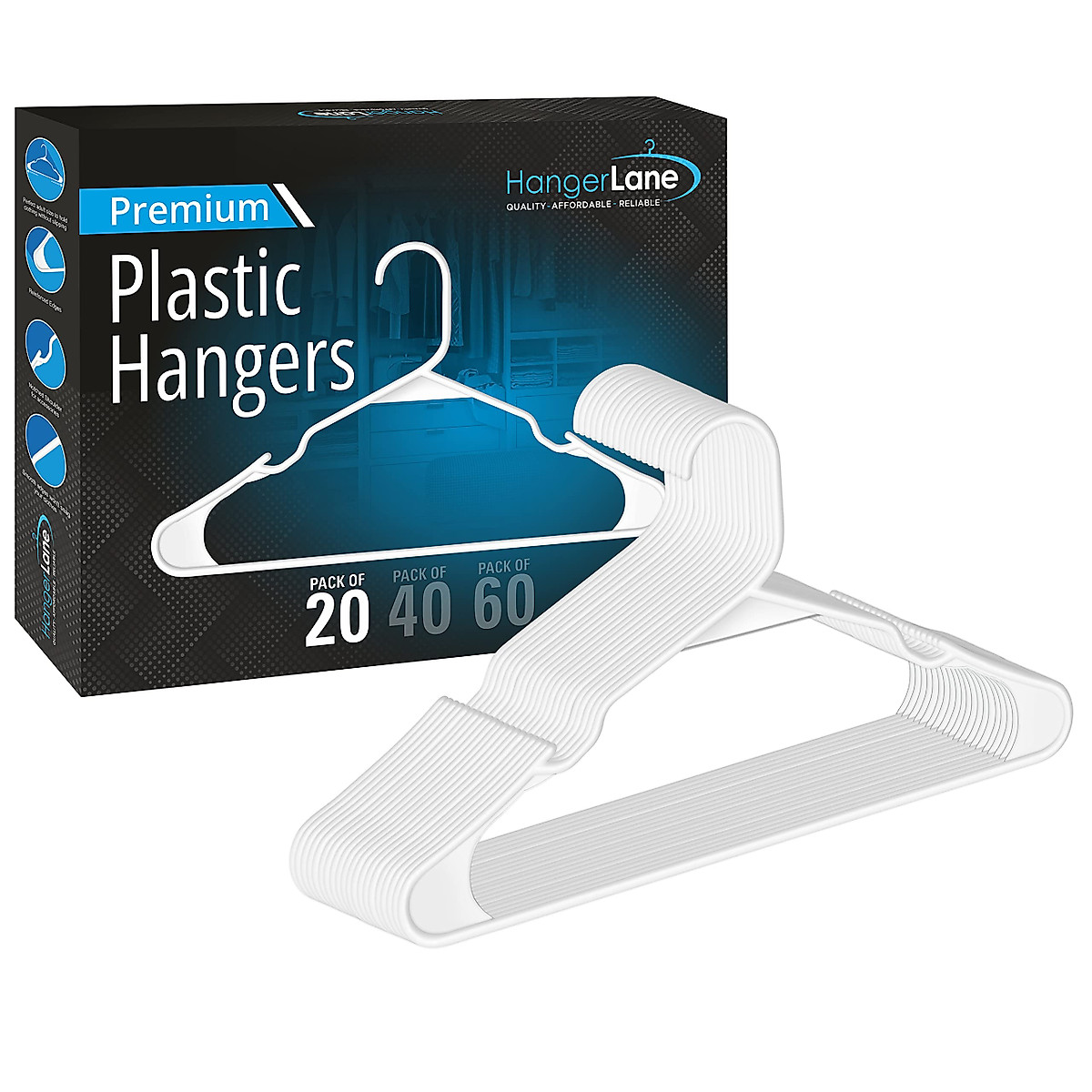 Plastic Hangers 20, 40, 60 Pack – Space Saving Hangers for Clothes – White Plastic Hangers for Neatly Hanging Clothing, Shirts, Jackets, Pants, Laundry, Dresses & More (20 Pack)
