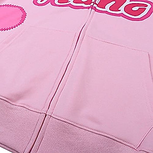 NUFIWI Women Graphic Printed Oversized Y2K Sweatshirt Zip Up Long Sleeve Hoodies Aesthetic Jacket Streetwear with Pockets （Pink, L
