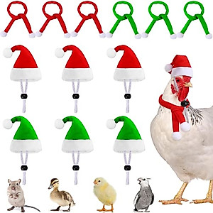 JUNEBRUSHS 12 Pcs Mini Santa Hats,Christmas Pet Chicken Hat Scarf Set Red Green Small Animal Hat with Adjustable for Poultry Hen Rooster Hamster Duck Lizard Guinea Pigs