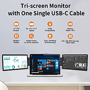 12" Full HD IPS Laptop Screen Extender, Triple Screen Portable Laptop Workstation, Portable Monitor for Laptop Upgrade Dual Screen Laptop Only Needs 1 USB C Cable to Connect to Windows/mac