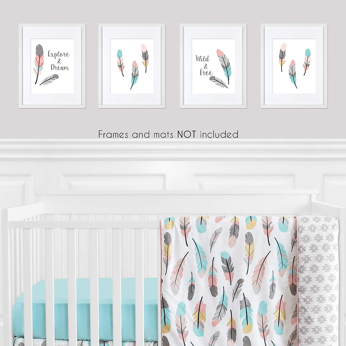 Sweet Jojo Designs Turquoise and Coral Boho Wall Art Prints Room Decor for Baby, Nursery, and Kids for Feather Collection - Set of 4 - Explore & Dream, Wild & Free