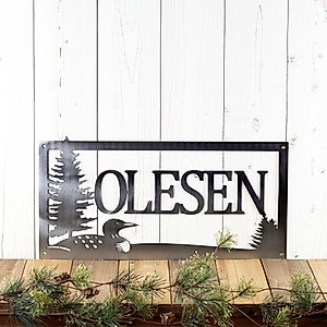 Personalized Rectangular Metal Family Name Plaque with Lake Loon and Pine Trees