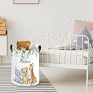 Personalized Laundry Basket Hamper,Safari Jungle Animal Greenery,Collapsible Storage Baskets with Handles for Kids Room,Clothes, Nursery Decor