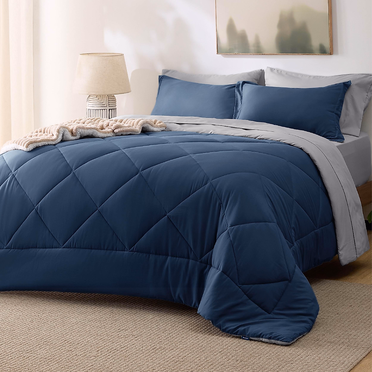 Bedsure Full Size Comforter Set - 7 Pieces Reversible Navy Bedding, Full Size Bed Set for All Seasons, Bed in a Bag with Down Alternative Comforter, Sheets, Pillowcases & Shams