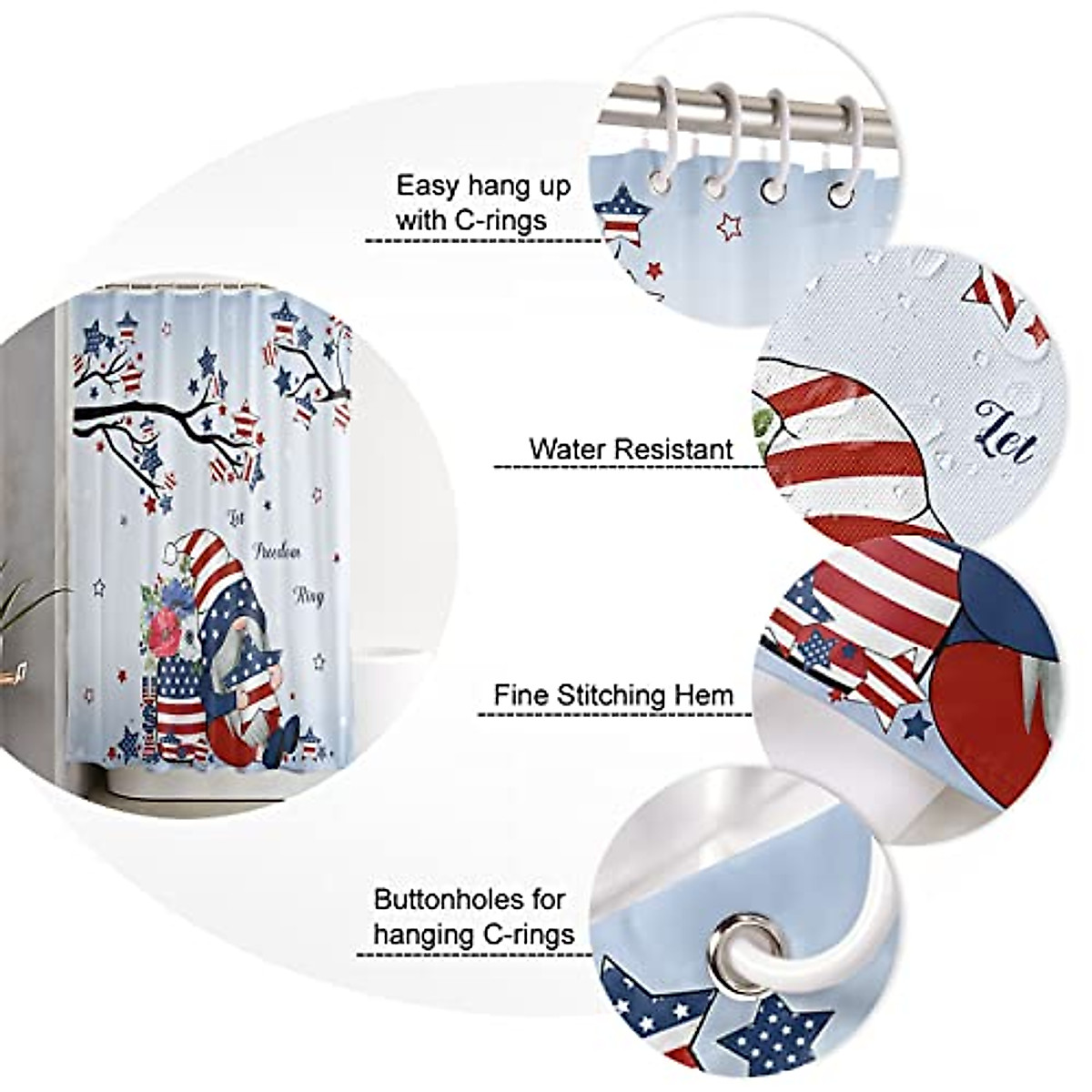 Fourth of July 4 Piece Shower Curtain Sets with Non-Slip Rugs, Toilet Lid Cover and Bath Mat, American Flag Stars Cute Gnomes Patriotic Theme Shower Curtain with 12 Hooks, Durable and Waterproof