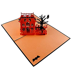 iGifts And Cards Creepy Haunted Mansion 3D Pop Up Greeting Card - Happy Halloween Pumpkin, Friendly Ghost, Evil Witch, Spooky Owl, Large Spider, Black Cat, Fun Birthday Gift, Cute Tombstone & Cemetery