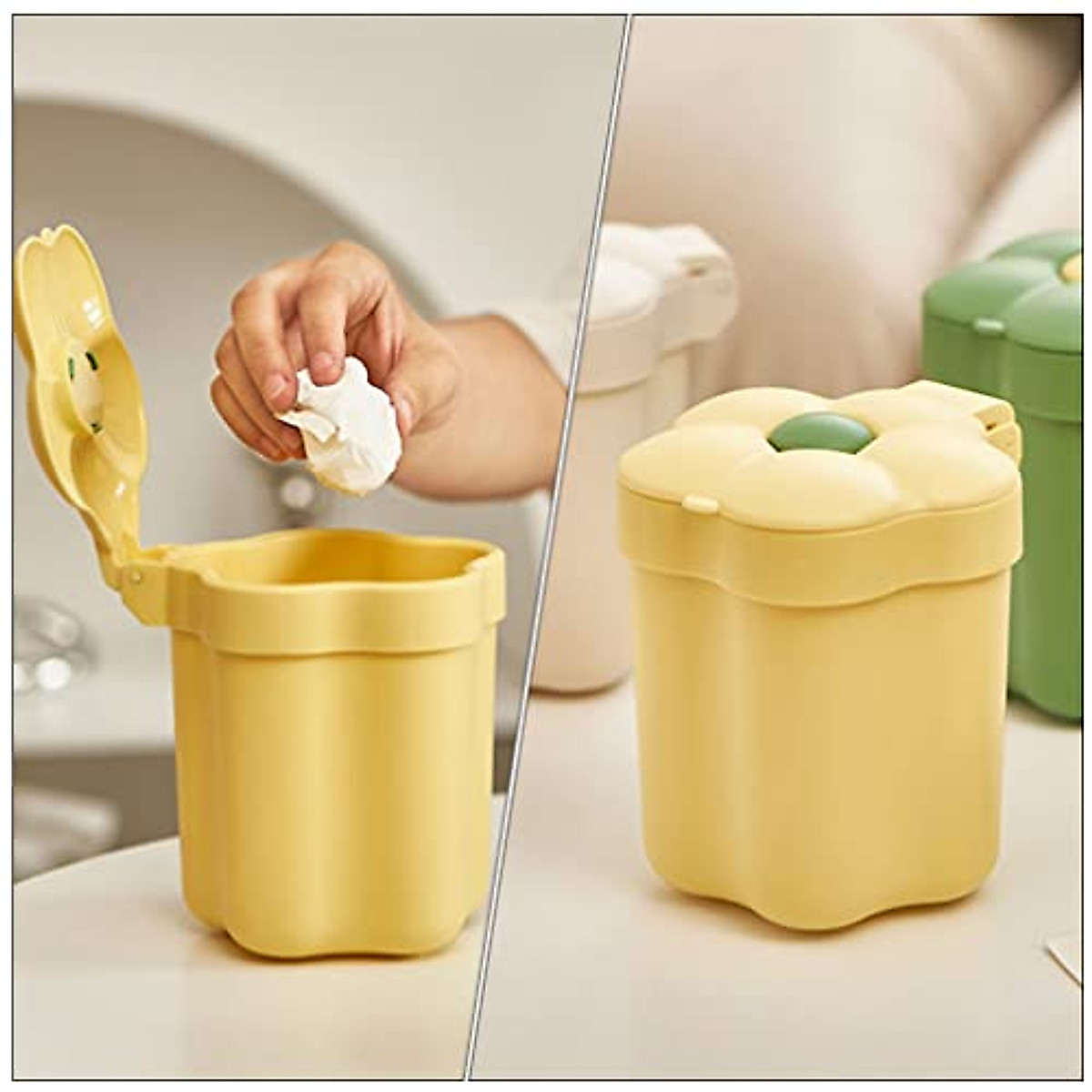 STOBOK Desktop Trash Can Mini Cute Waste Paper Basket with Lid Cartoon Flower Design Garbage Container Bin for Home Office Bedroom Nursery Room Yellow