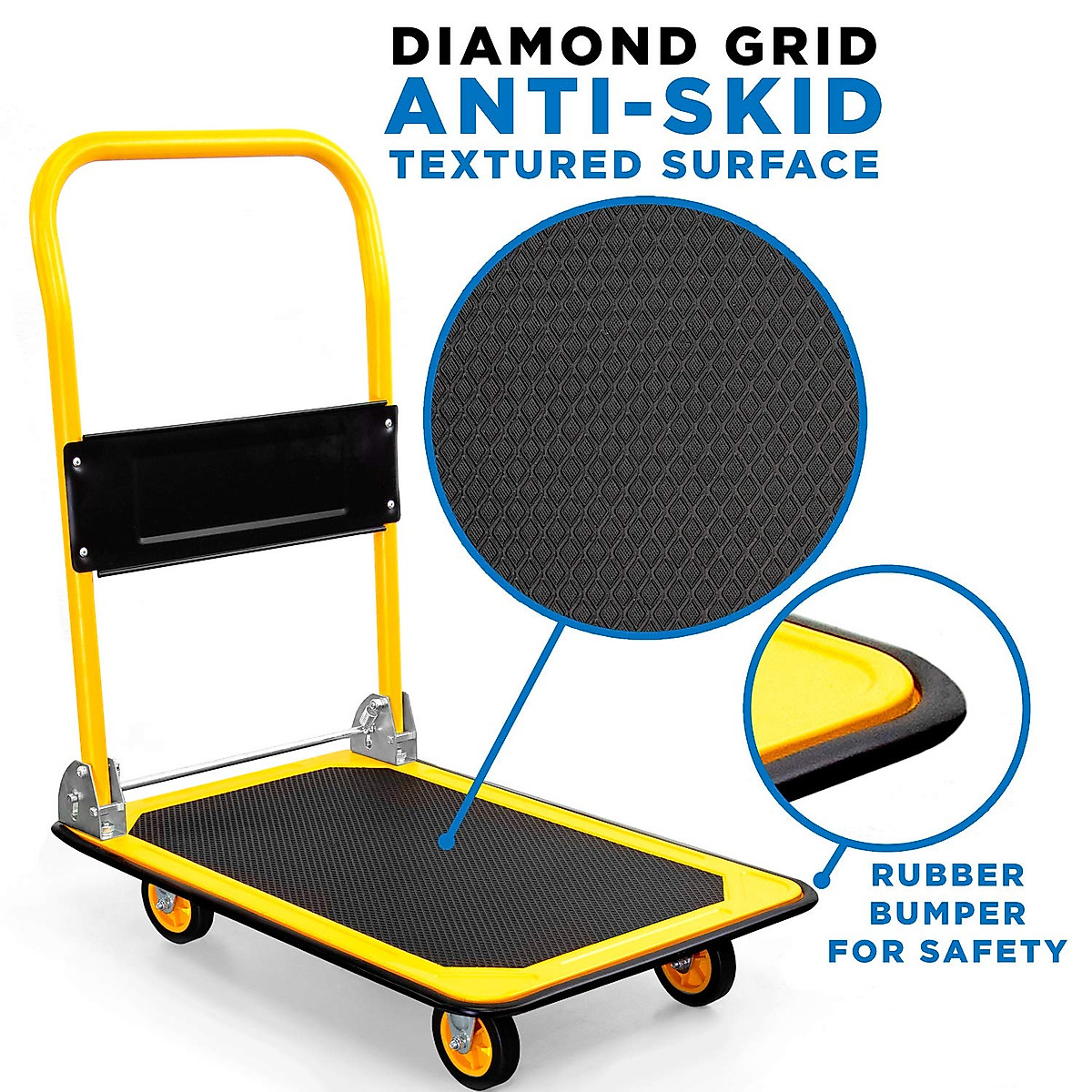 MOUNT-IT! Platform Truck | Push Cart Dolly [330lb Weight Capacity] Foldable Flatbed with Swivel Wheels, Rolling Trolley Cart, Foldable, Flat (Yellow)